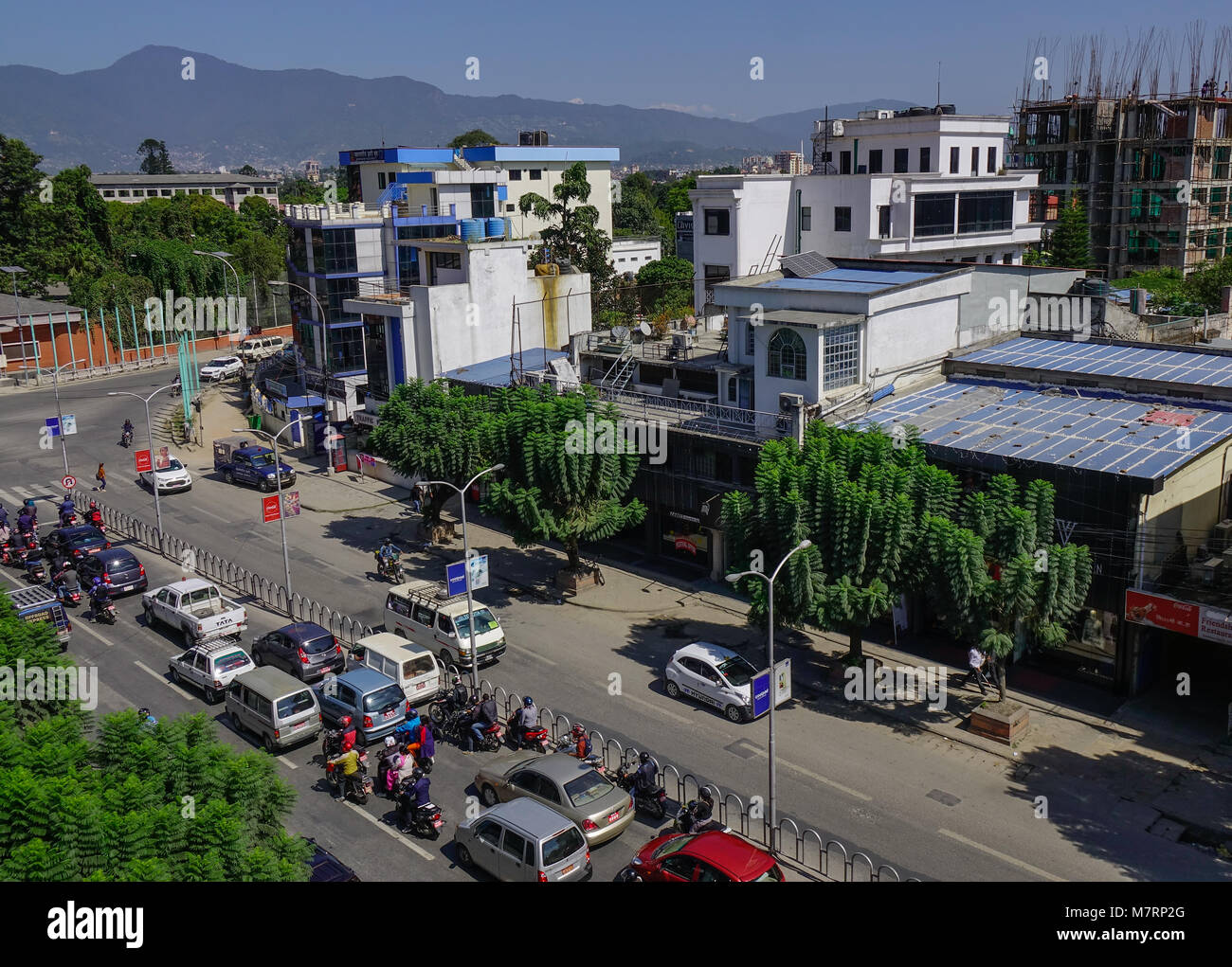 Kathmandu, Nepal - Oct 17, 2017. Aerial view of street in Kathmandu ...
