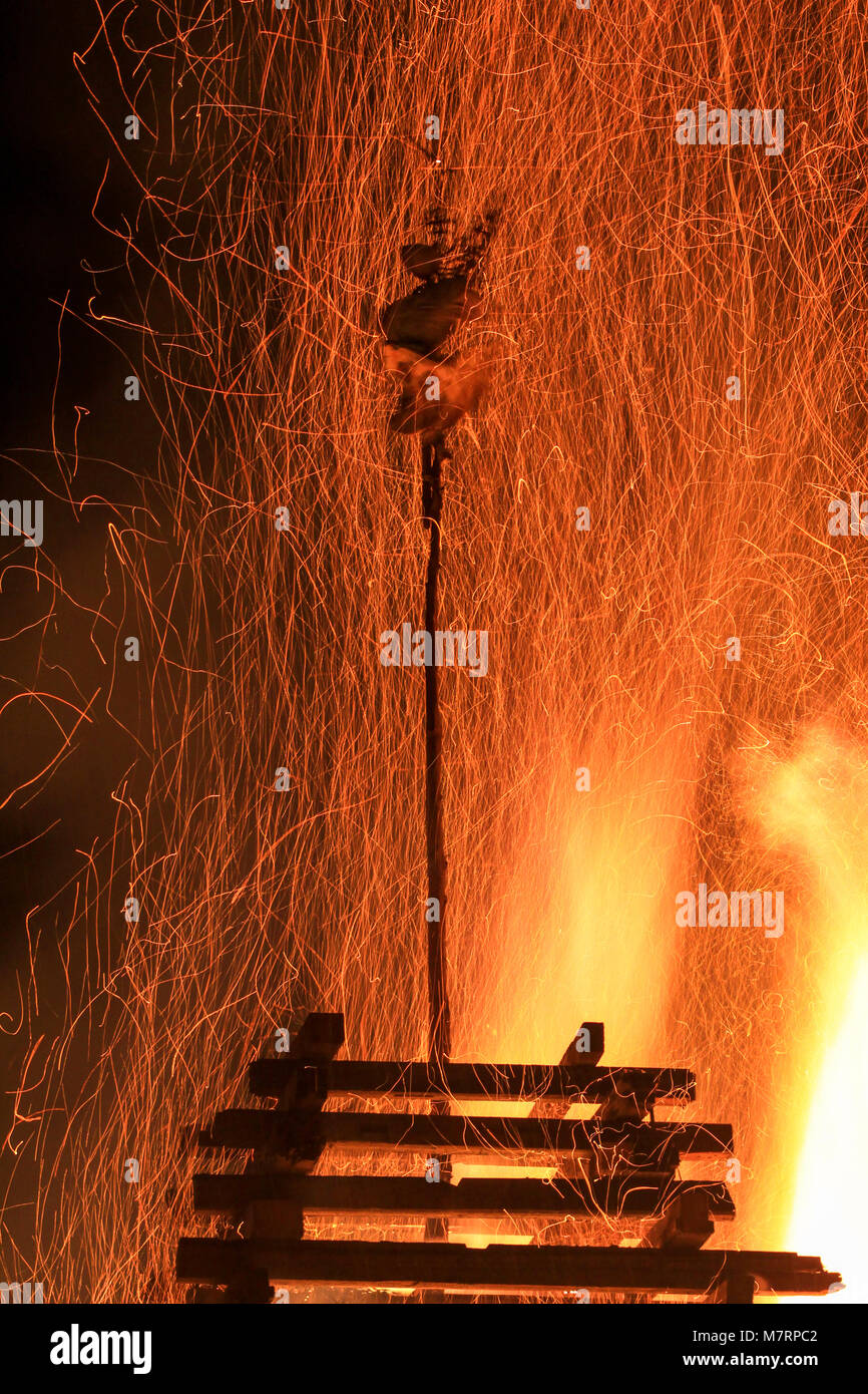 Big huge traditional fire. Burning of witches in a bonfire. Profane ...