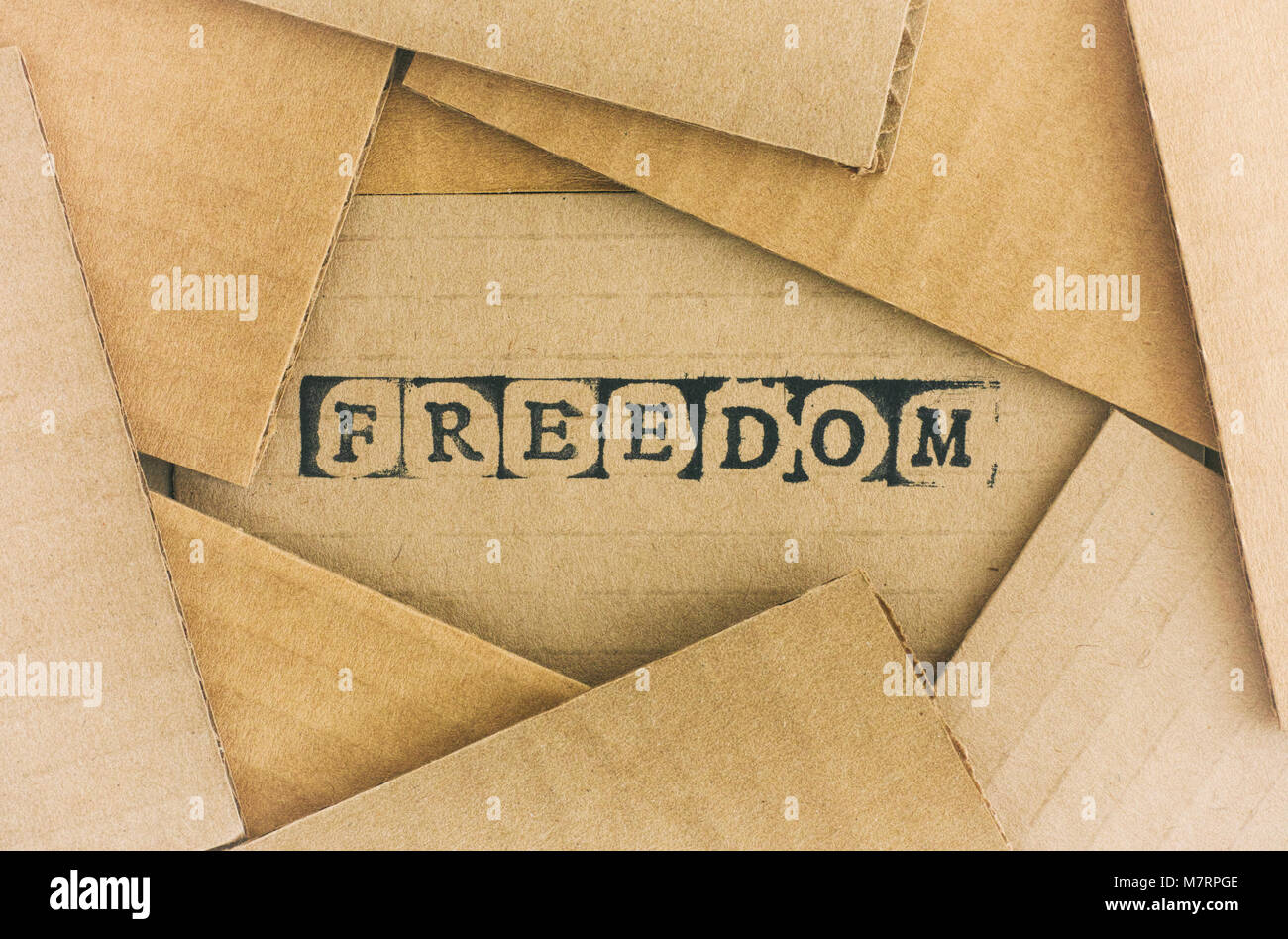 Word Freedom make by black alphabet stamps on cardboard with some piece ...