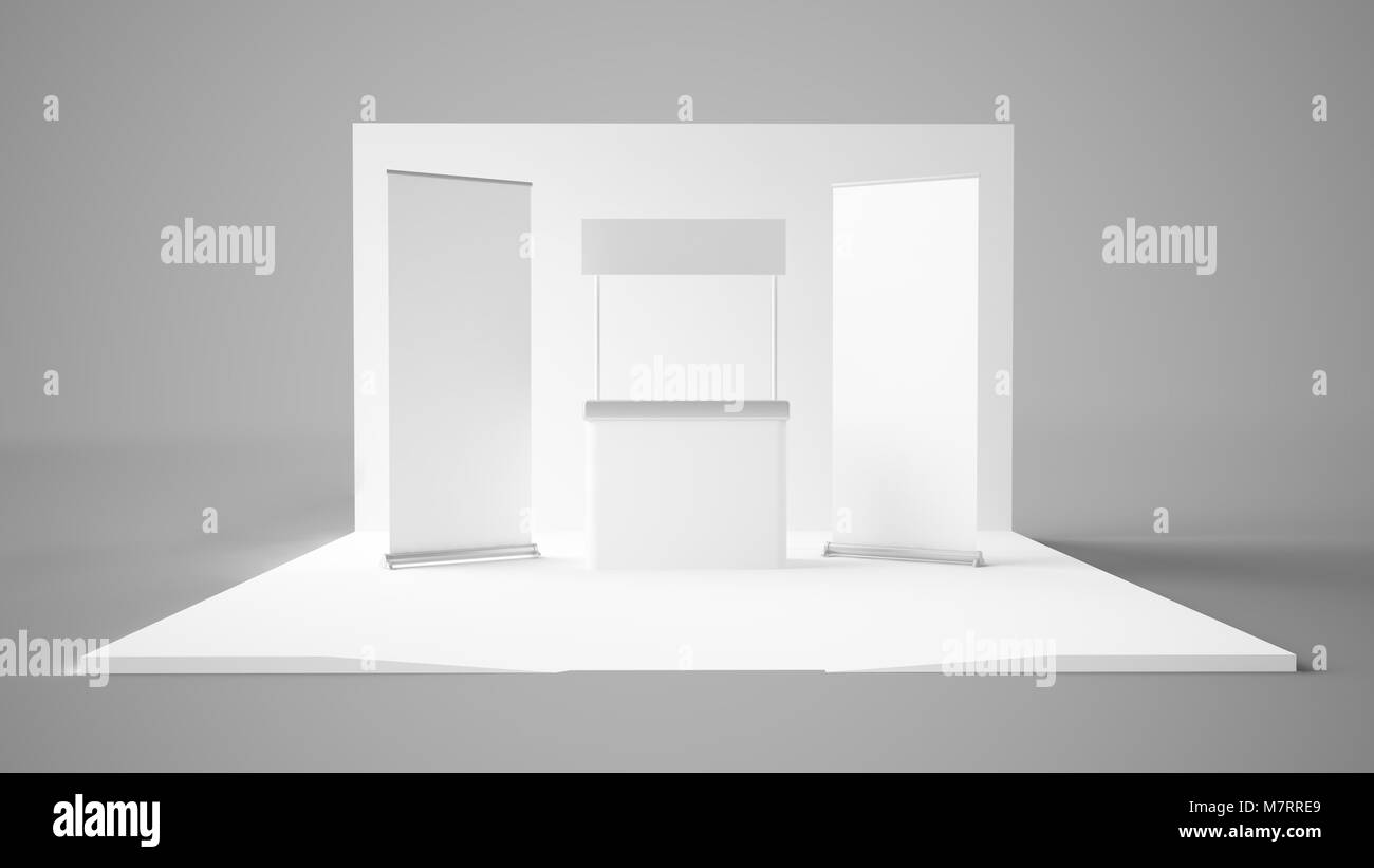 exhibition booth with desk and two roll ups 3d rendering Stock Photo ...