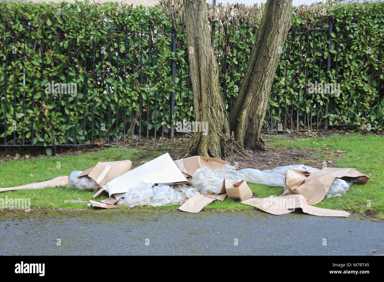Plastic and cardboard packing dumped by trees at a residential roadside ...
