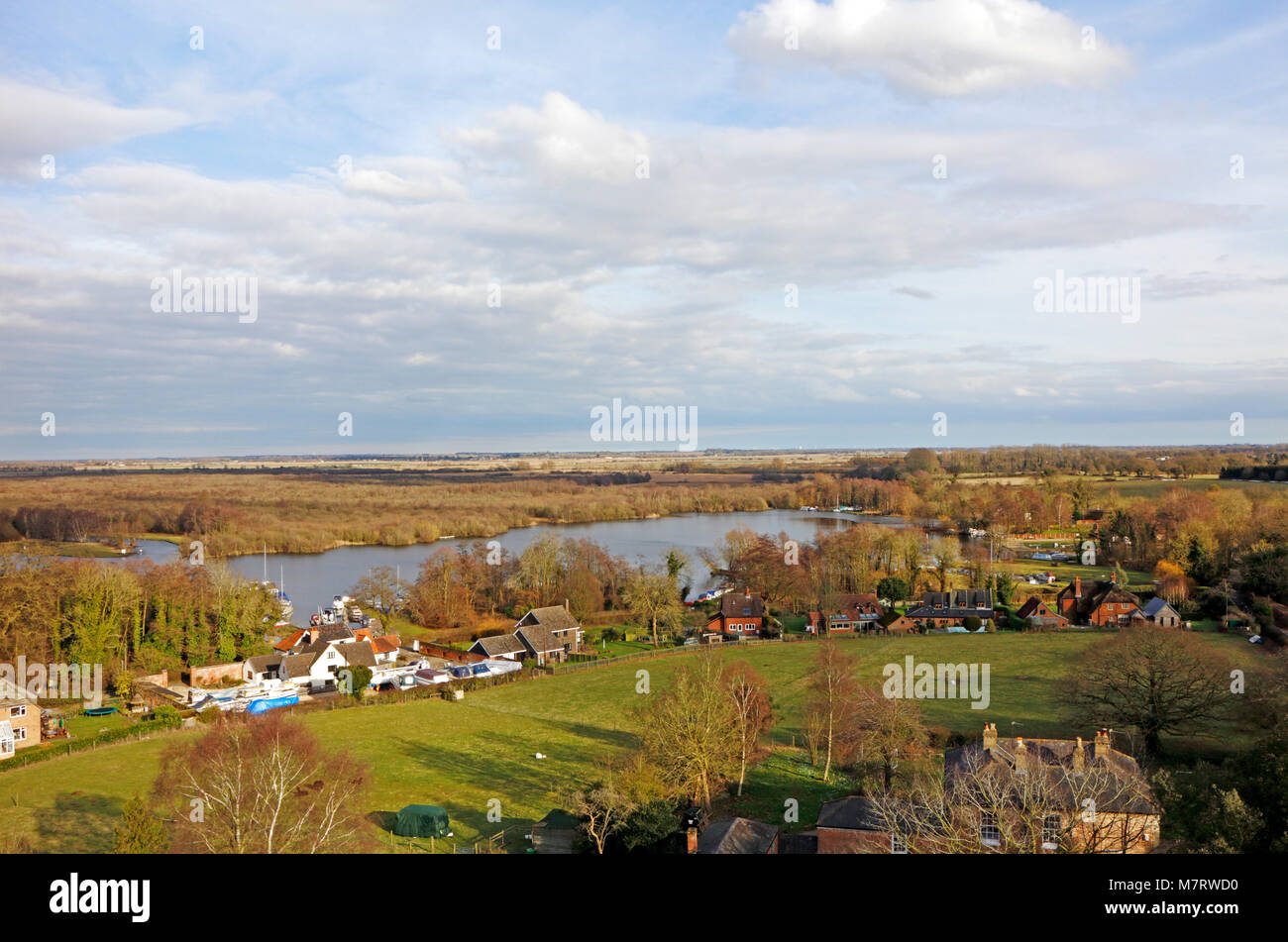 A view over Malthouse Broad on the Norfolk Broads from the tower of the ...