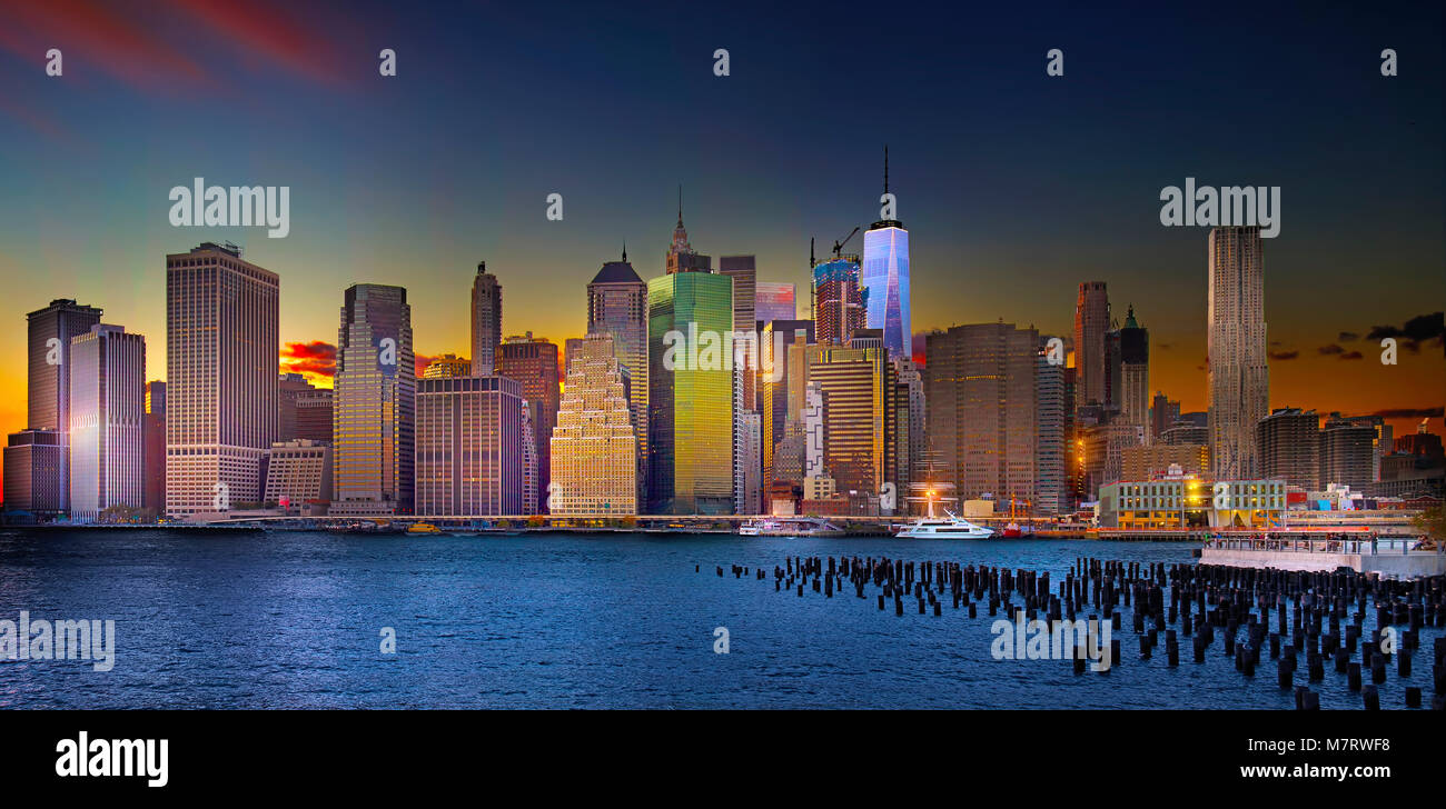 The beautiful Manhattan skyline at sunset photographed from across the ...