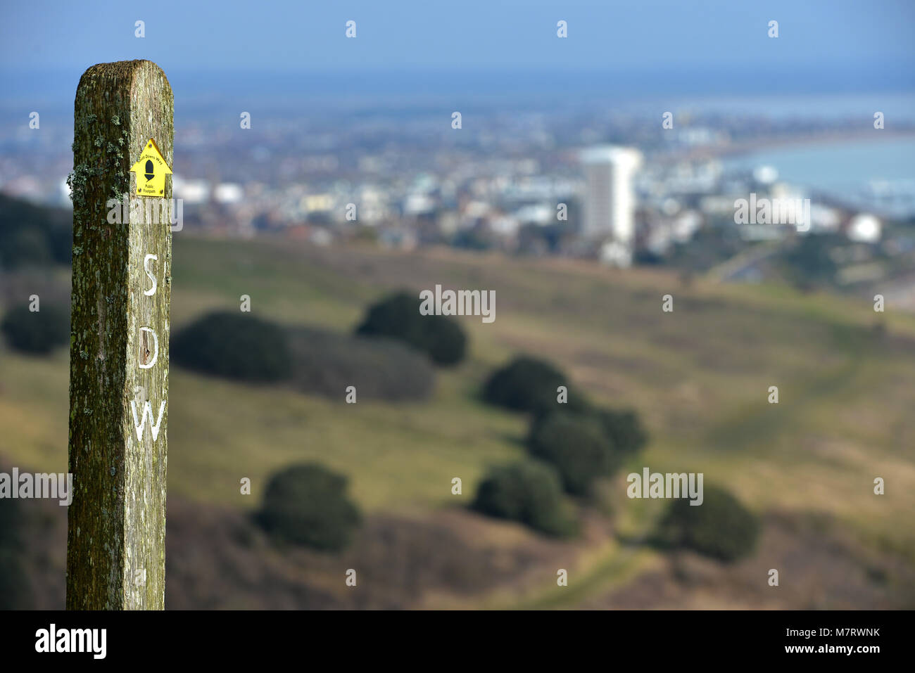 South Downs Way signpost showing Eastbourne, the end point of the trail ...