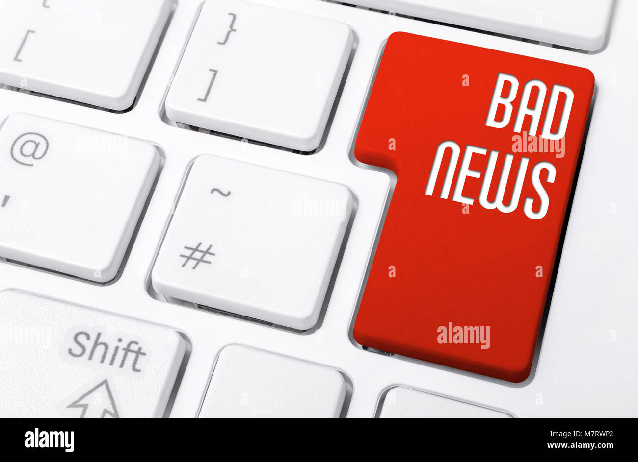 Close Up Of A Keyboard With The Red Button Bad News Stock Photo - Alamy