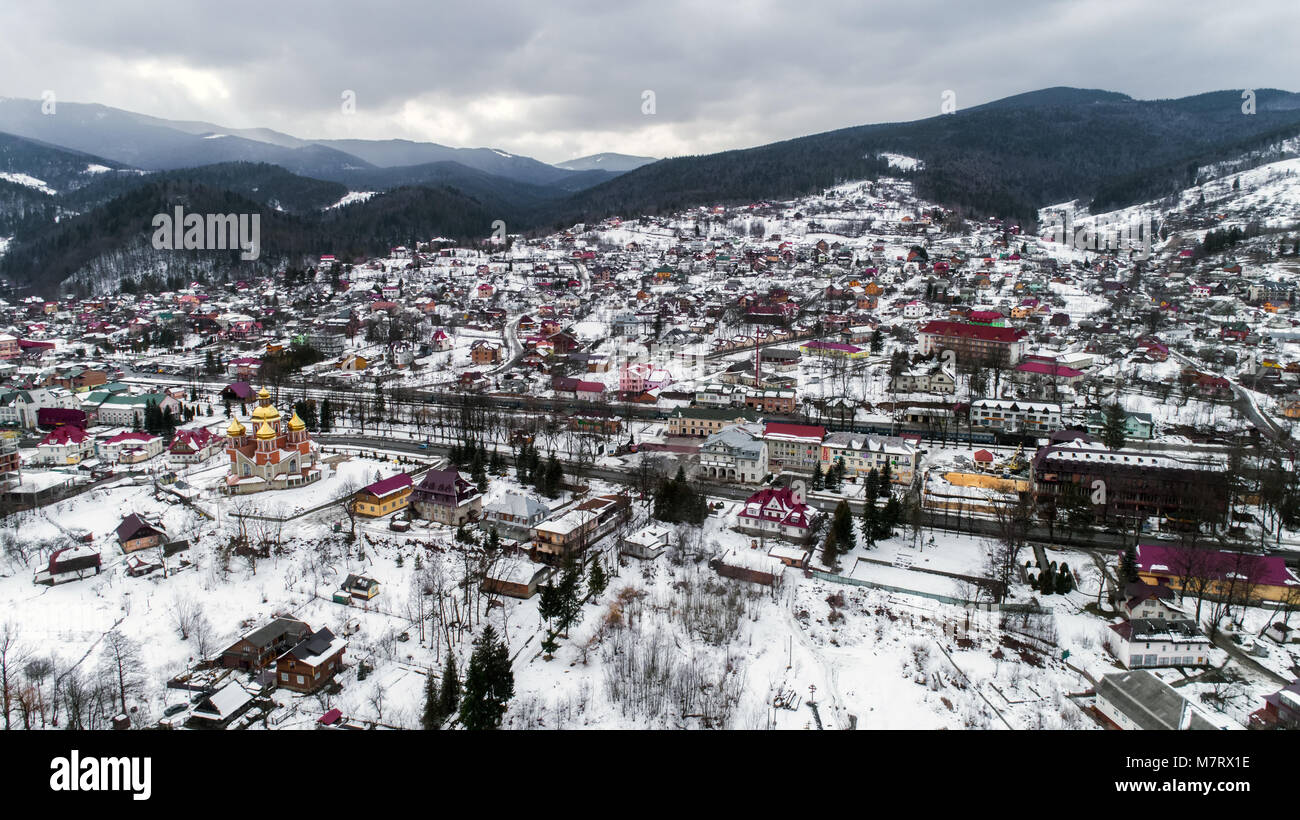Aerial view of Carpathian mountains in winter, Yaremche, Ukraine Stock ...