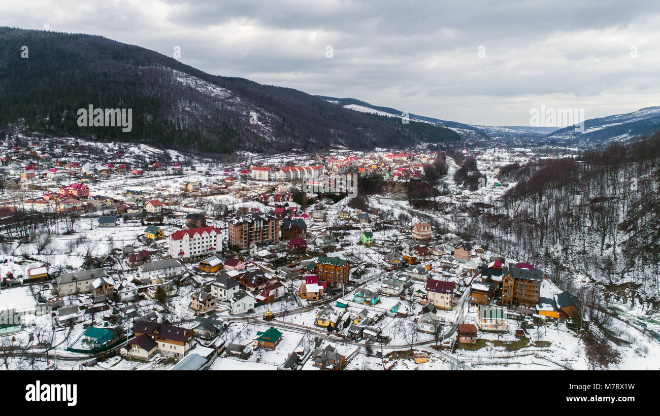 Aerial view of Carpathian mountains in winter, Yaremche, Ukraine Stock ...