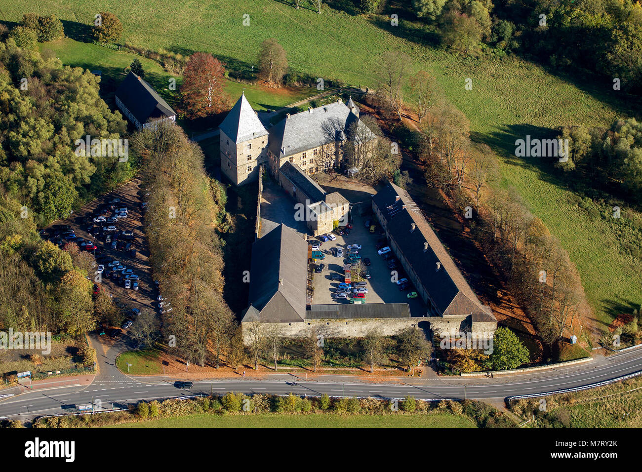 Aerial view, house Kemnade, water castle, Hattingen, Ruhr, Nordrhein ...