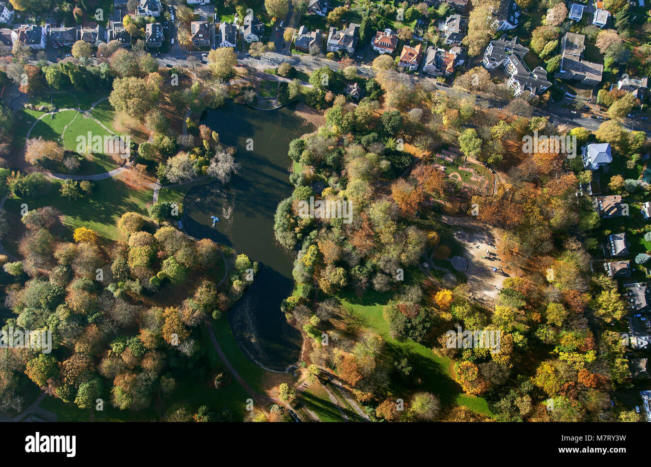 Aerial view, city park in fall foliage and Golden October, Bochum, Ruhr ...