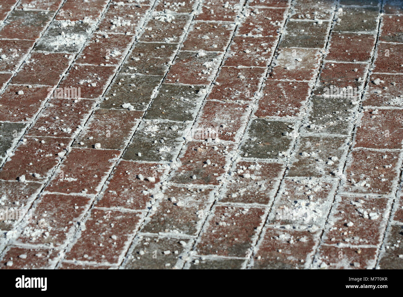 A winter brick walkway covered with ice melt Stock Photo - Alamy
