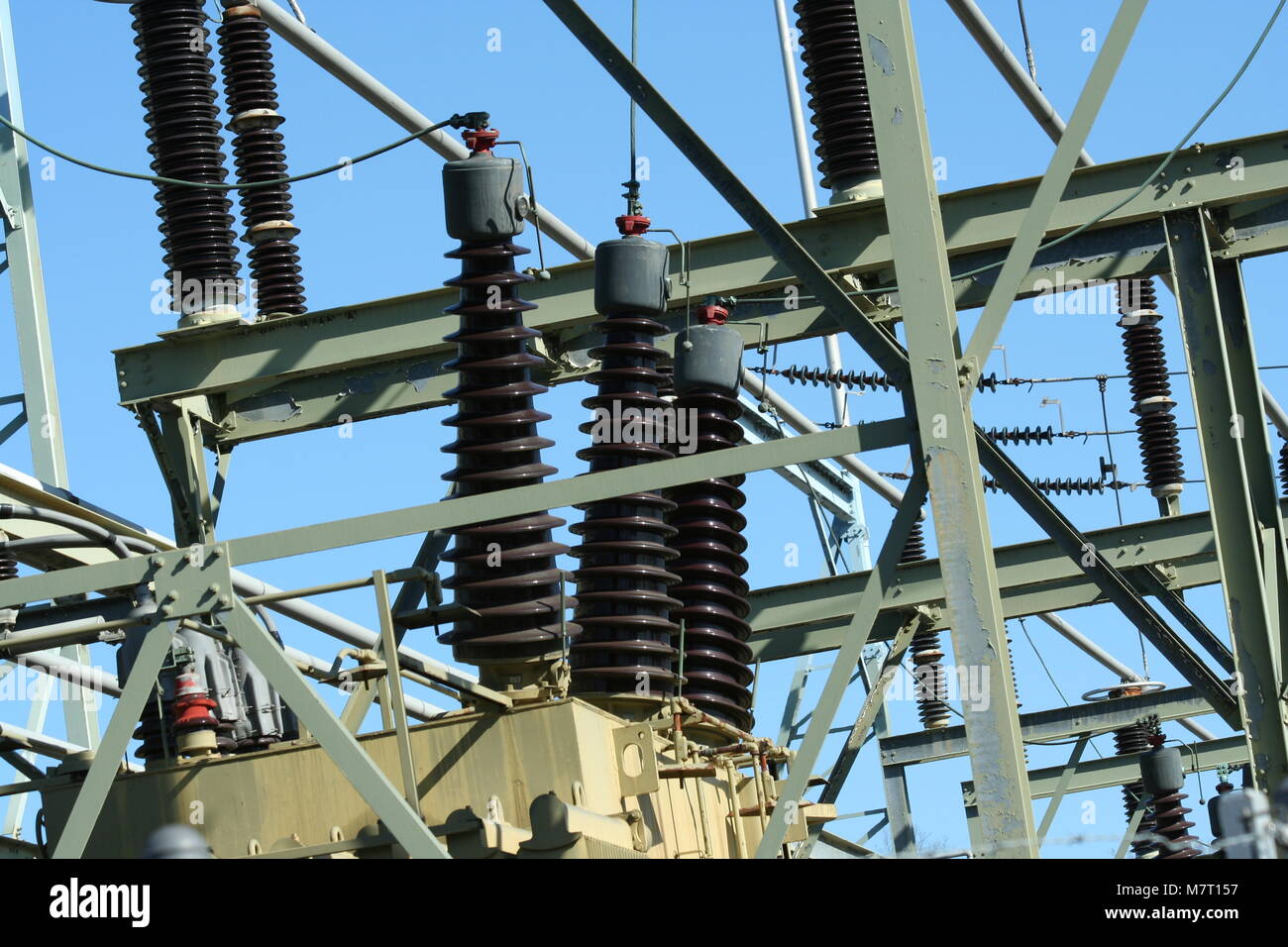 Power line substation against blue sky Stock Photo - Alamy