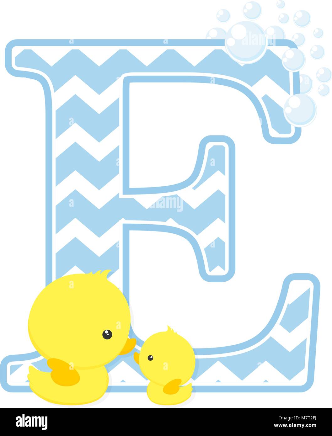 initial e with bubbles and little baby rubber duck isolated on white ...