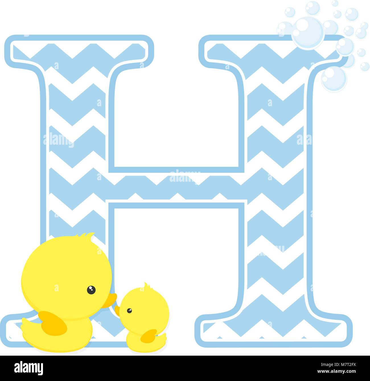 initial h with bubbles and little baby rubber duck isolated on white ...