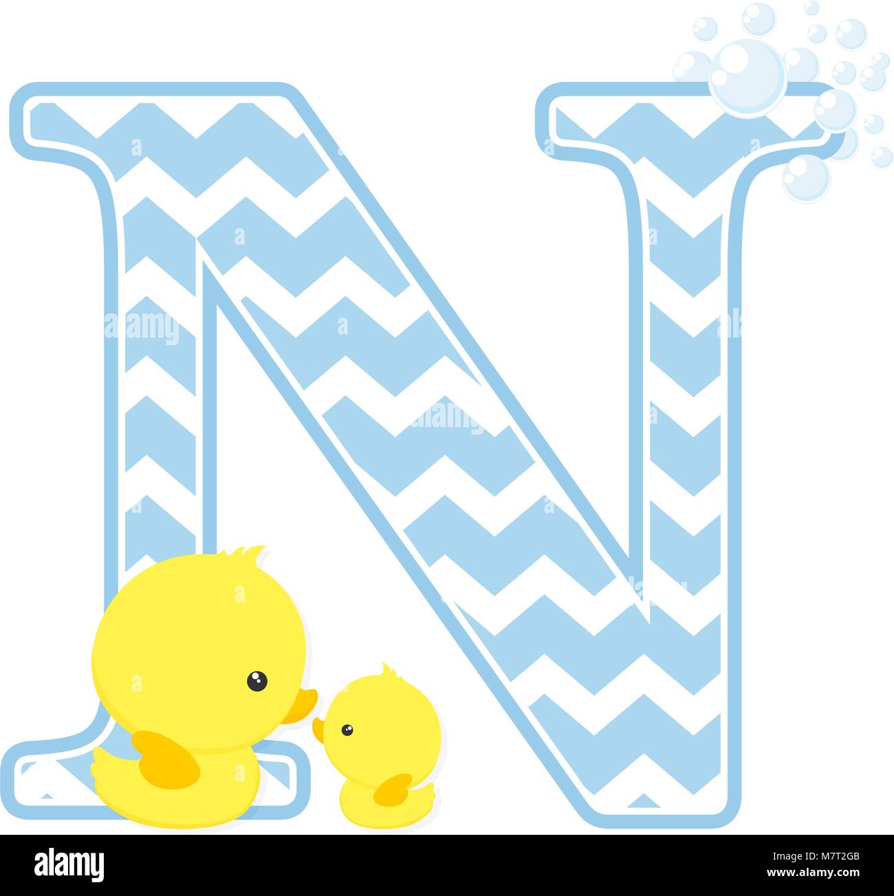 initial n with bubbles and little baby rubber duck isolated on white ...