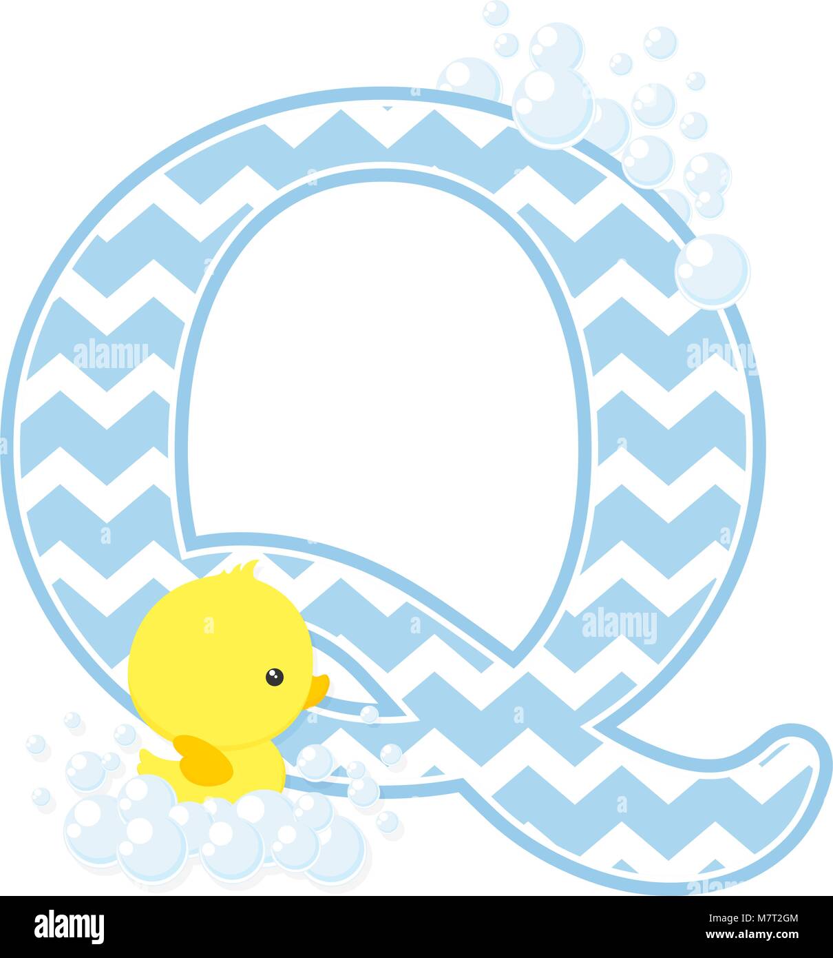 initial q with bubbles and little baby rubber duck isolated on white ...