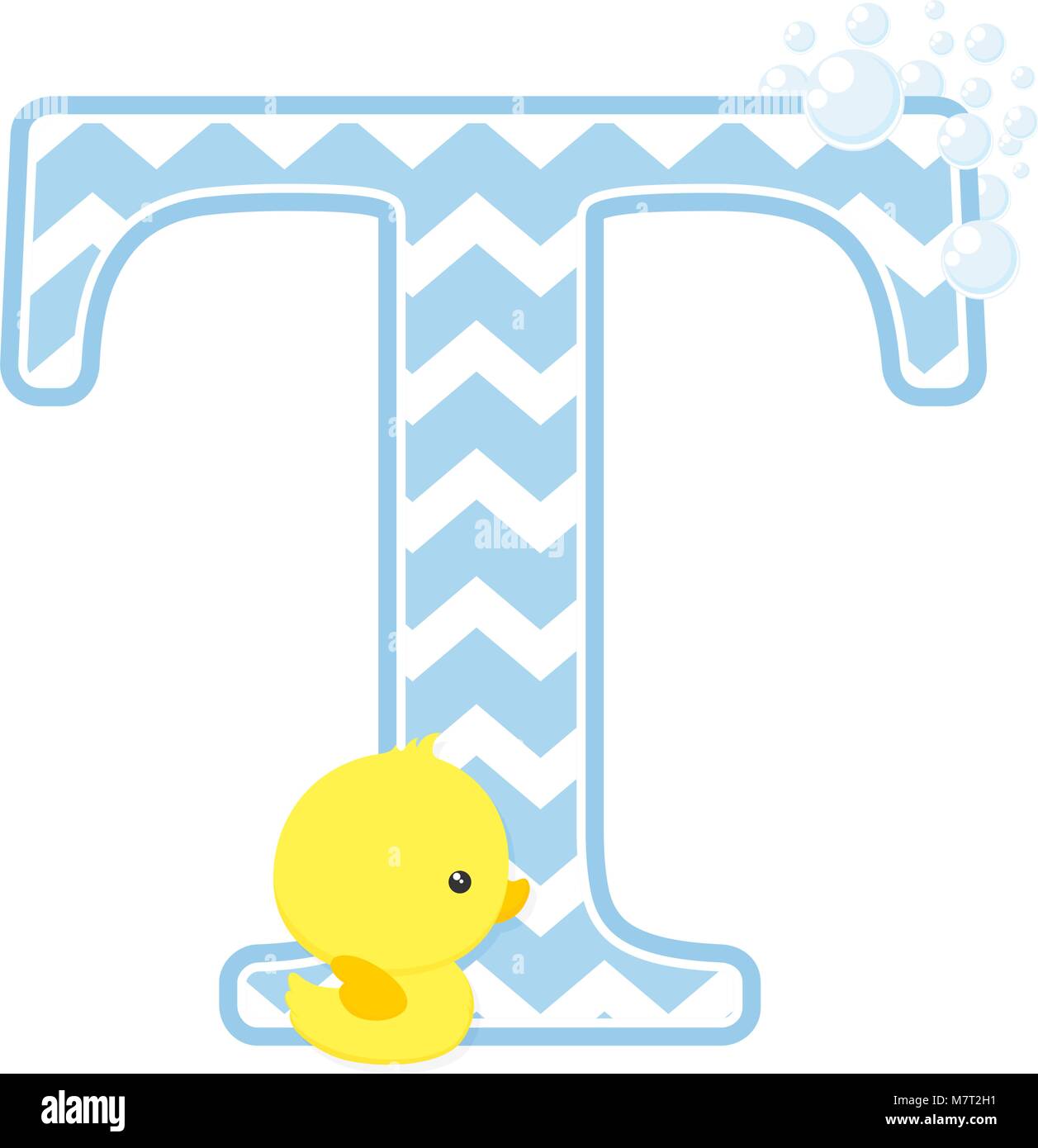 initial t with bubbles and little baby rubber duck isolated on white ...