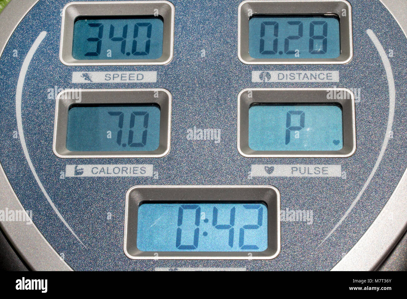 The display panel on the exercise machine. The display shows speed ...