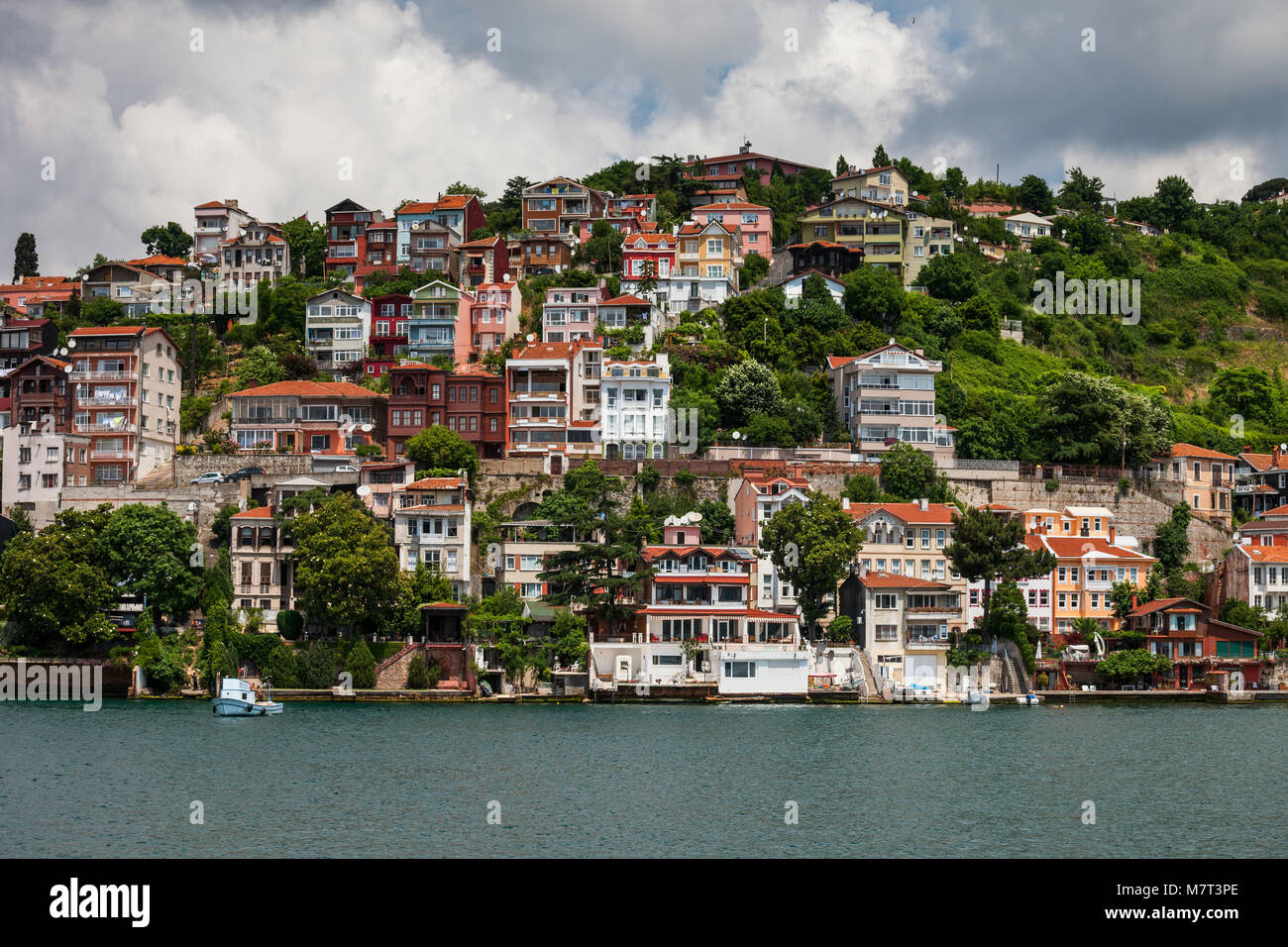 Turkey, Istanbul, hillside waterfront houses at the Bosphorus Strait ...