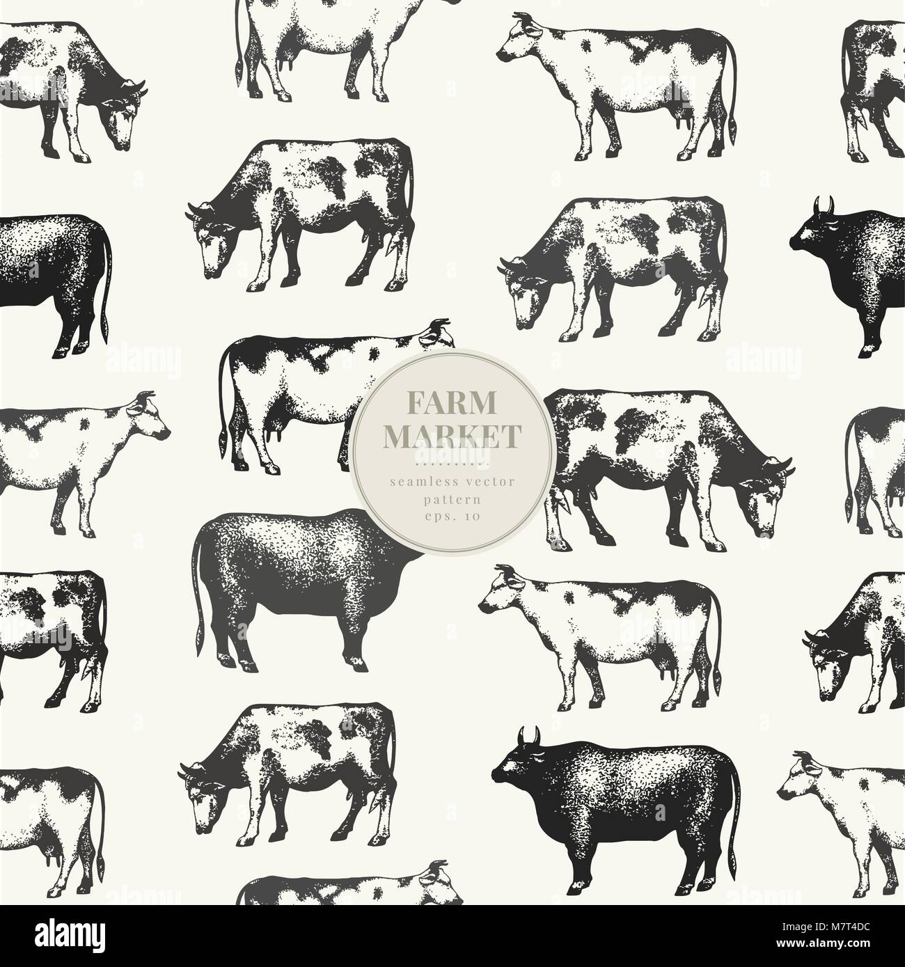 Seamless farm vector pattern. Graphical cow silhouette, hand drawn ...