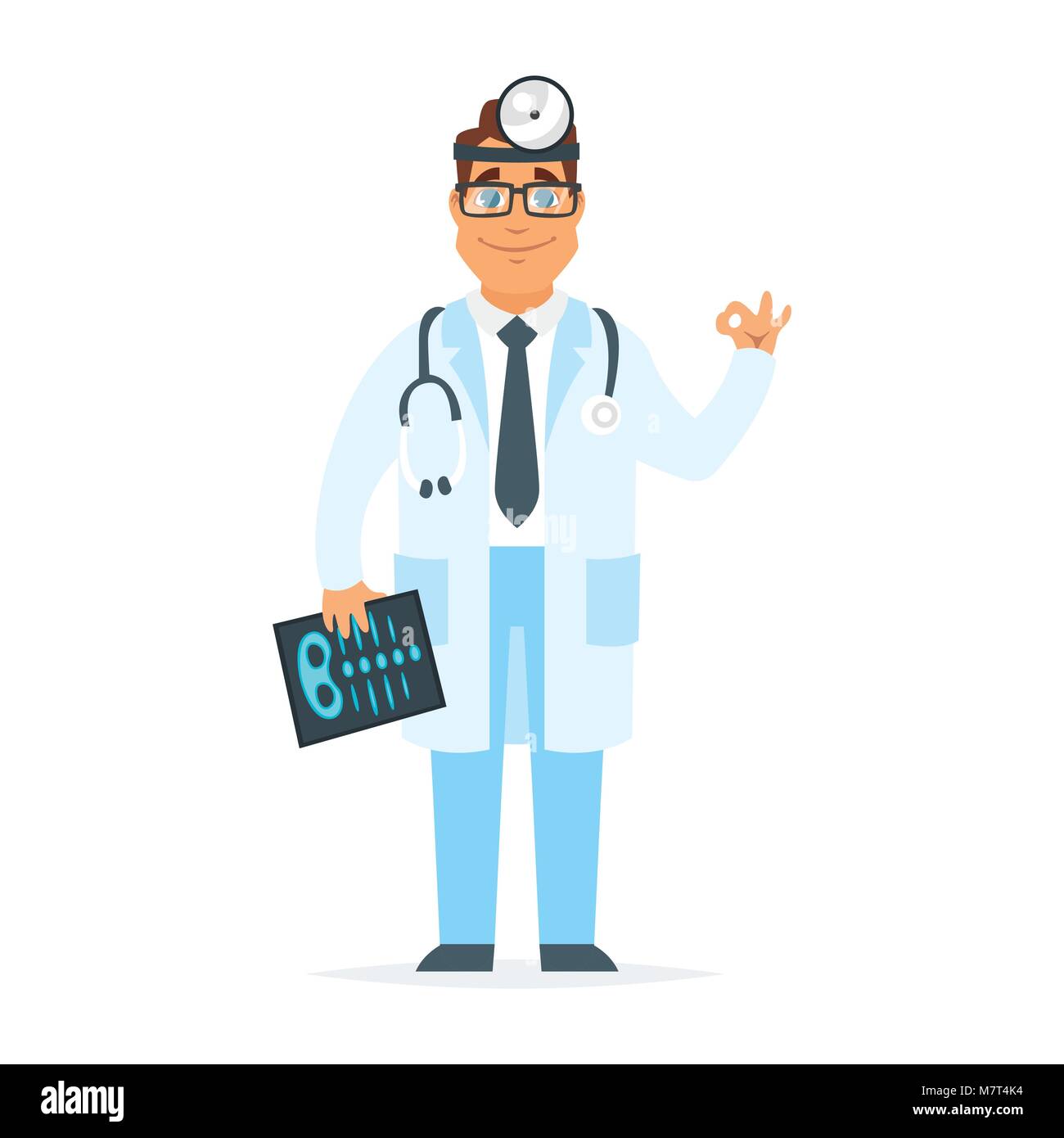 Vector cartoon style illustration of smiling doctor holding x-ray shot ...