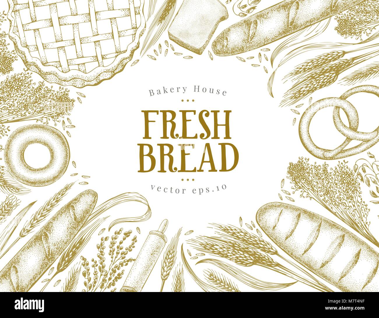 Bakery top view banner. Hand drawn frame with bread, pastry, wheat ...