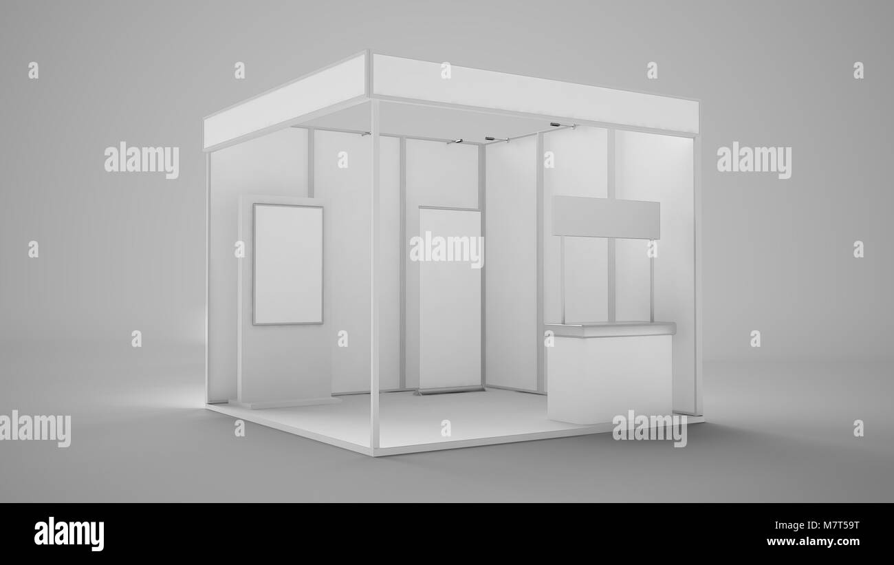 3d rendering of exhibition stand booth with interactive screen, roll up ...