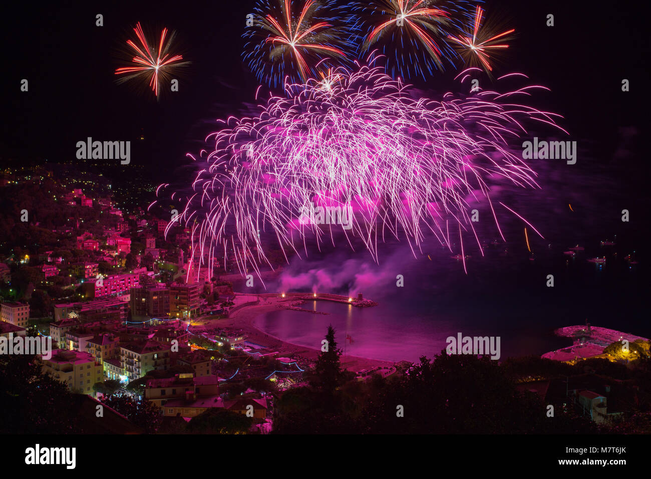 Beautiful and pyrotechnic fireworks in Recco, Italy / Fireworks in ...