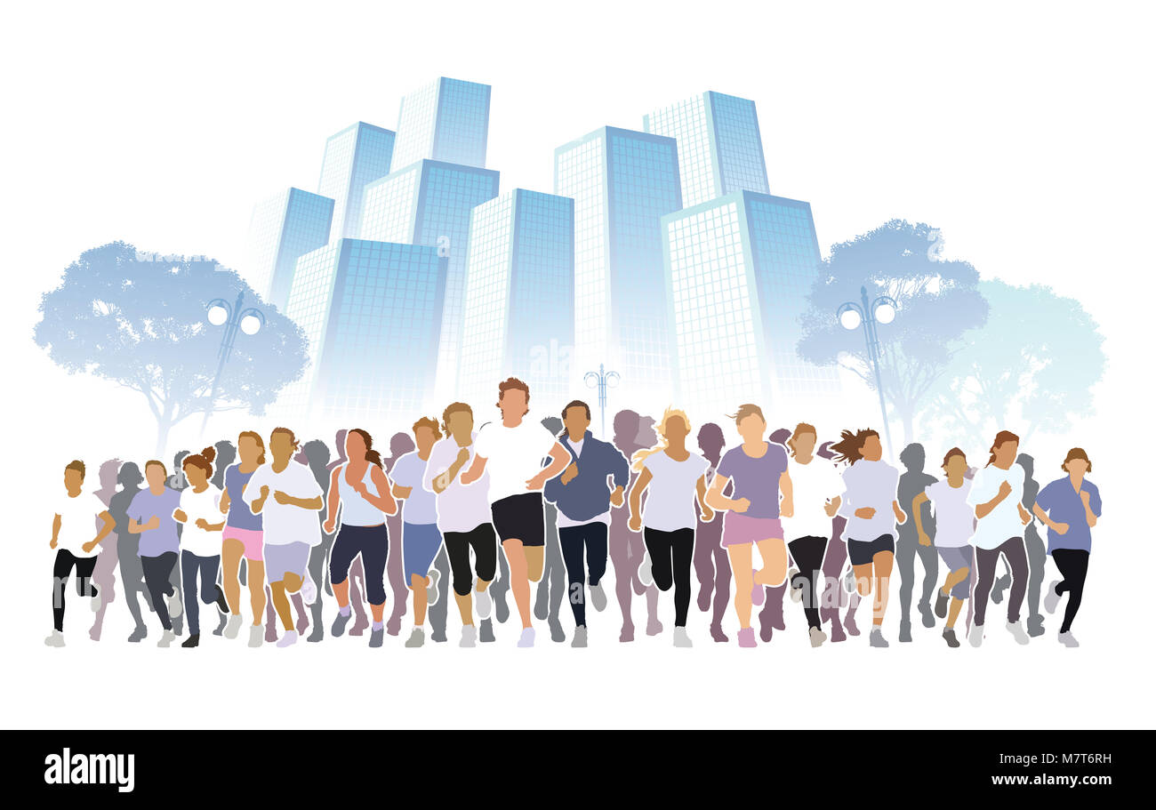 Front view of the crowd of young people running in the city marathon ...