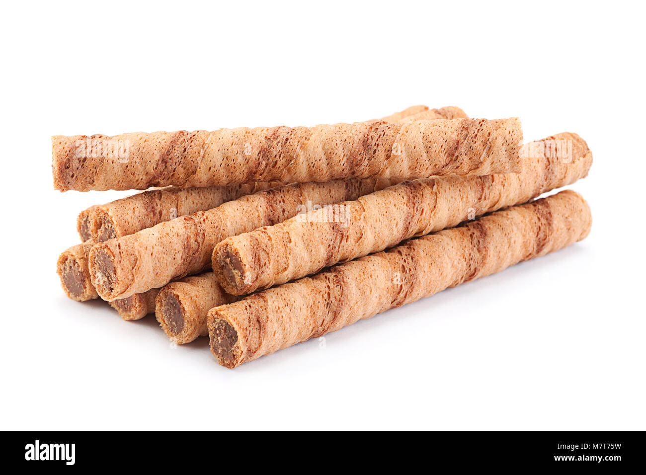 Waffle rolls stick closeup isolated on white Stock Photo - Alamy