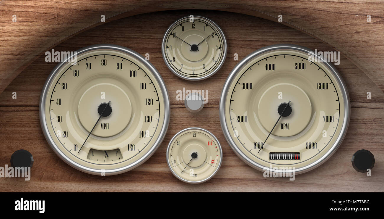 Vintage Car Wooden Dashboard With Retro Indications For Speed, Fuel ...
