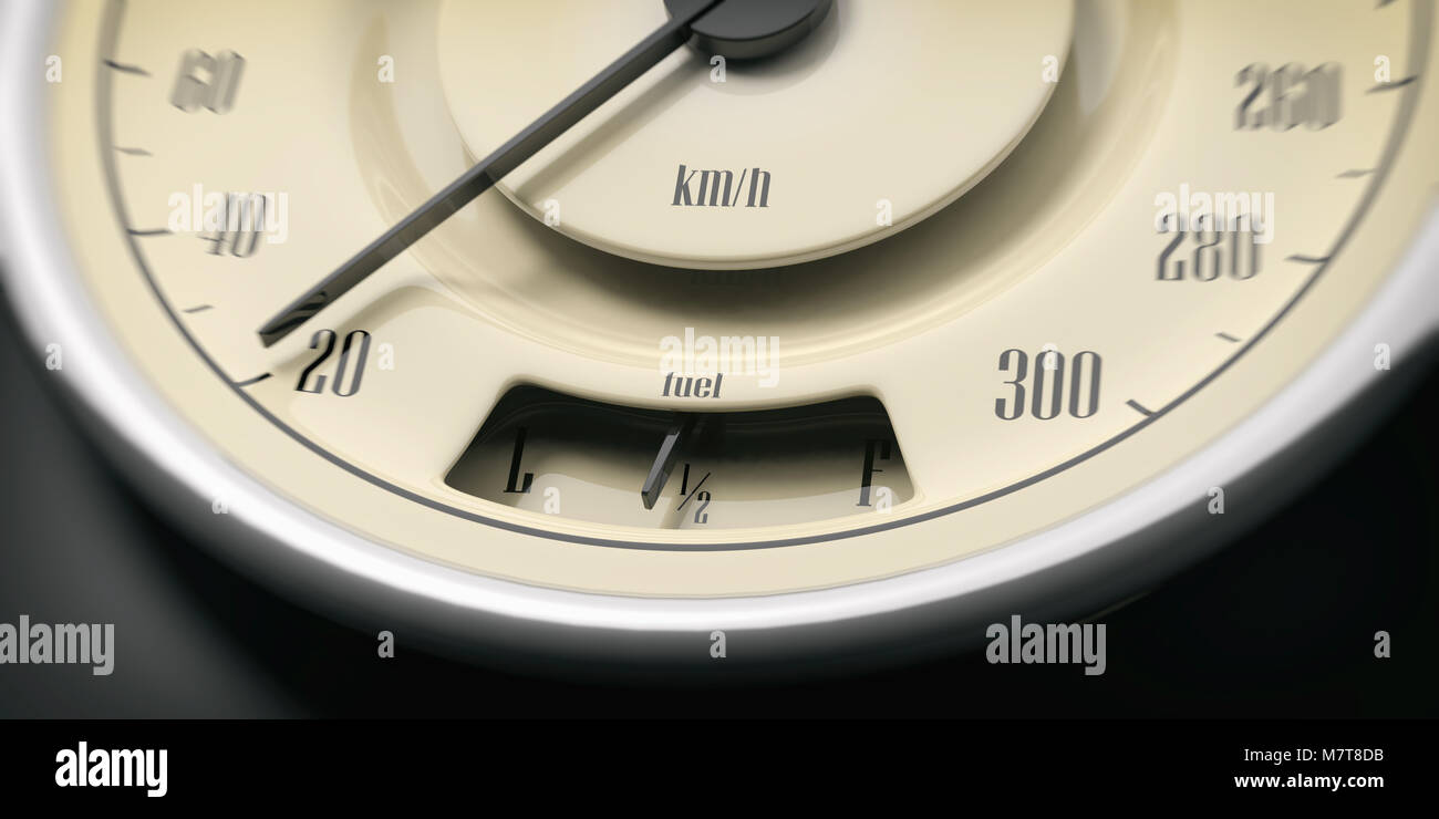 Vintage car gauge closeup detail on black background. Indications for ...