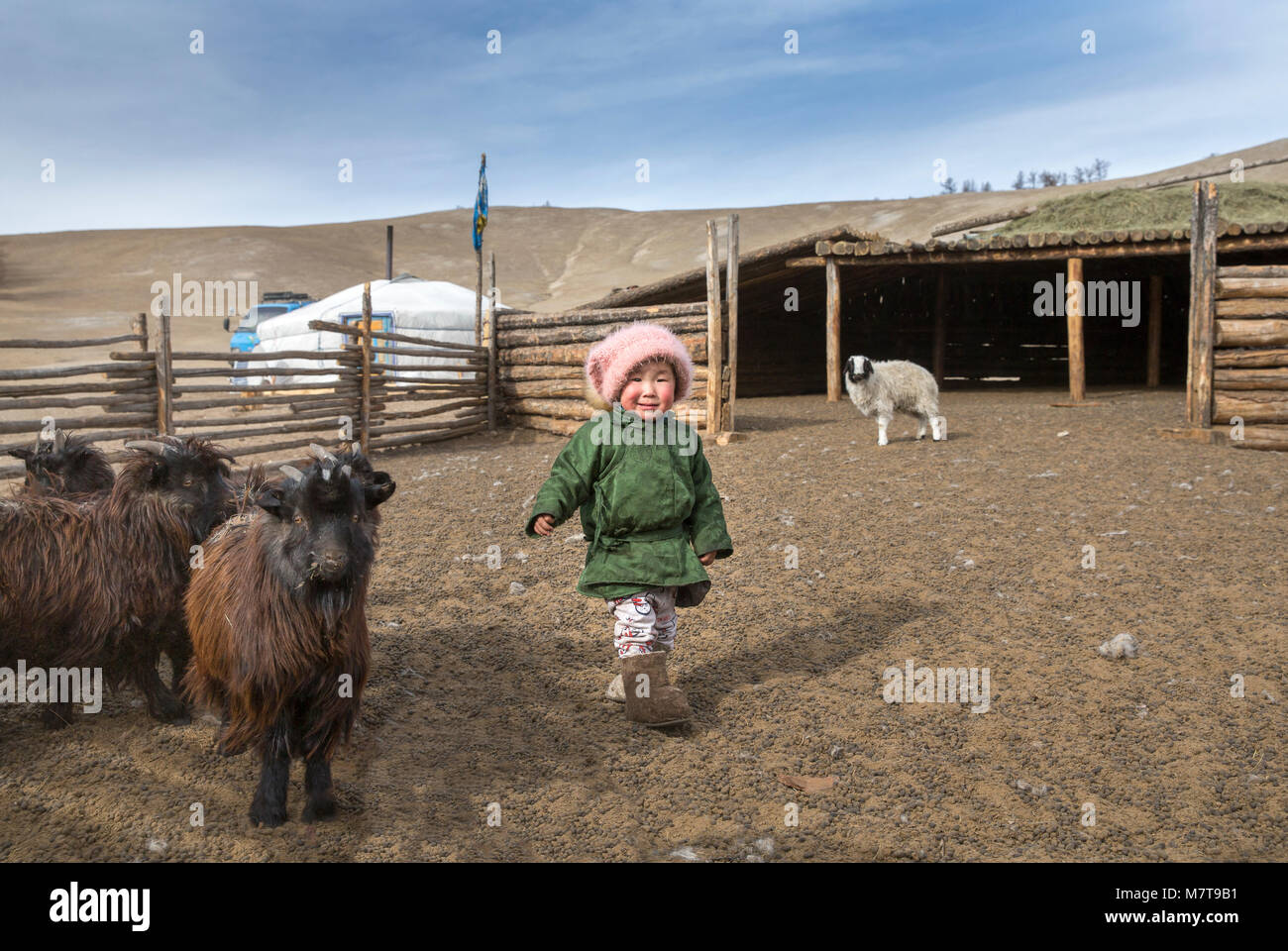 Hatgal, Mongolia, 3rd March 2018: mongolian kids in a steppe of ...