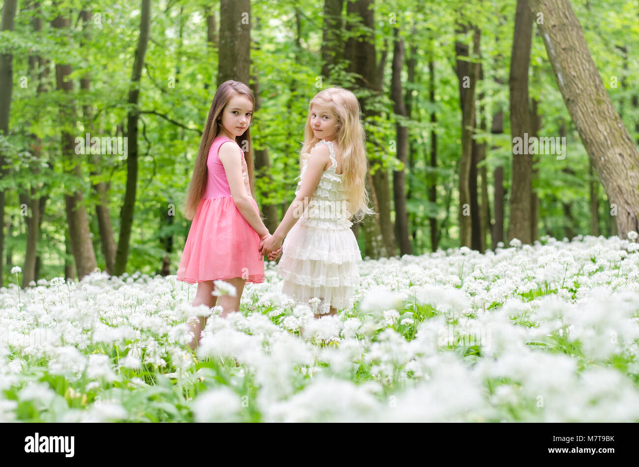 happy friends girls enjoying time in spring forest Stock Photo - Alamy
