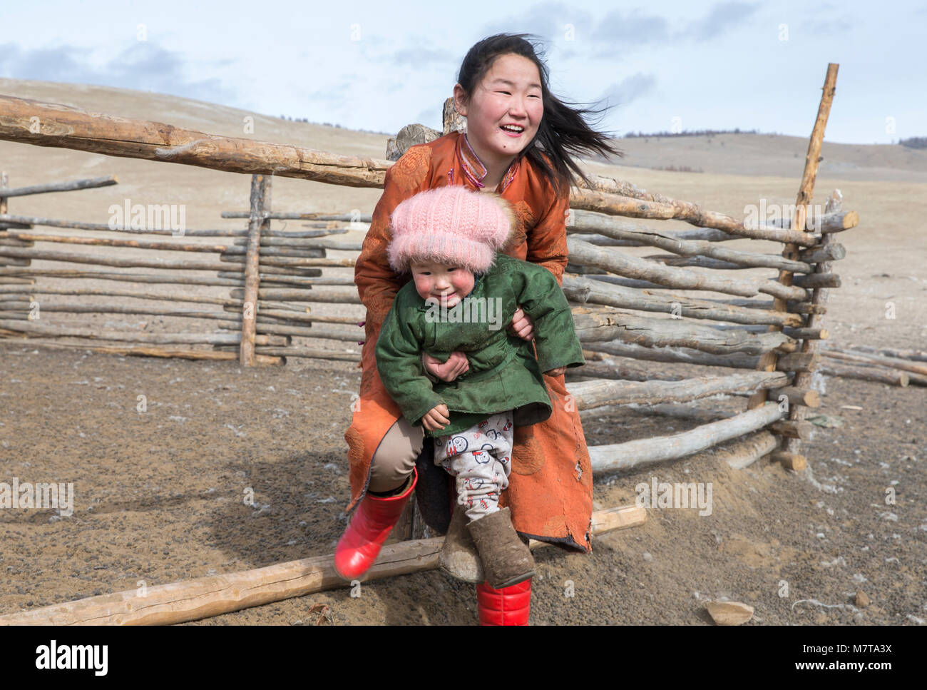 Hatgal, Mongolia, 3rd March 2018: mongolian kids in a steppe of ...
