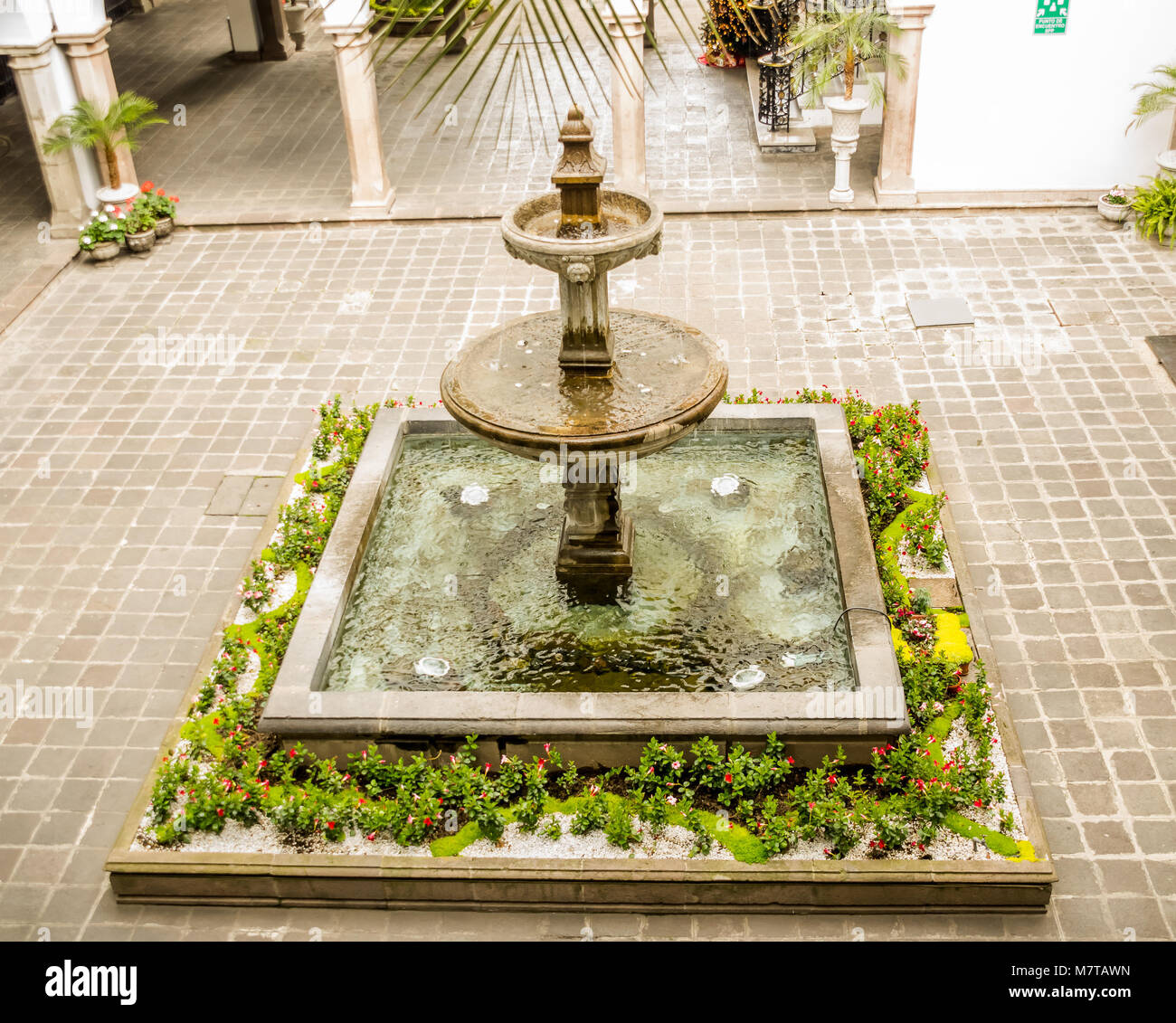 QUITO, ECUADOR, JANUARY, 11- 2018: Above view of a nice fountain in the ...