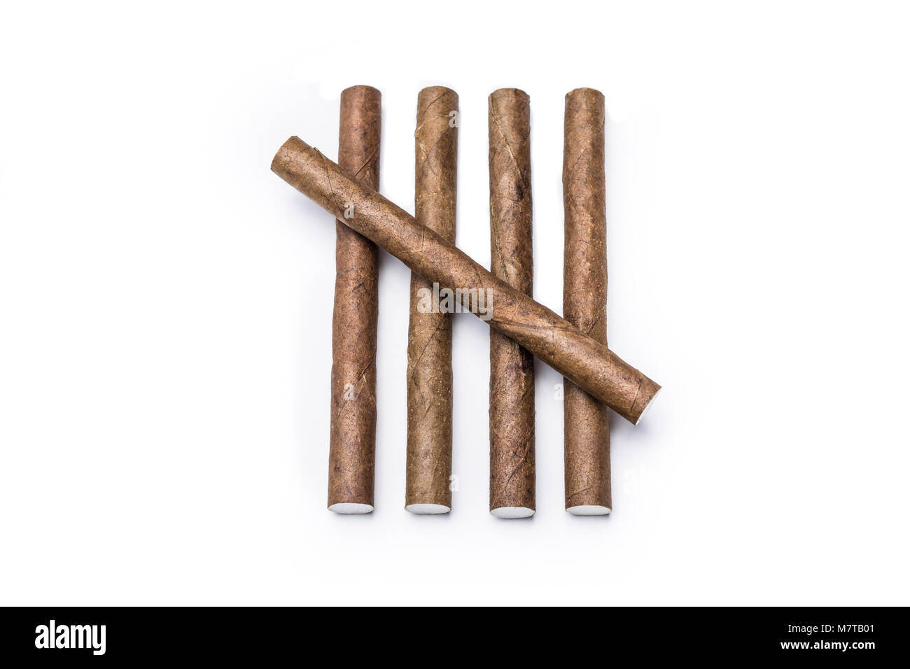 Macro Of Five Cigarillos Arranged As A Tally Isolated On White ...