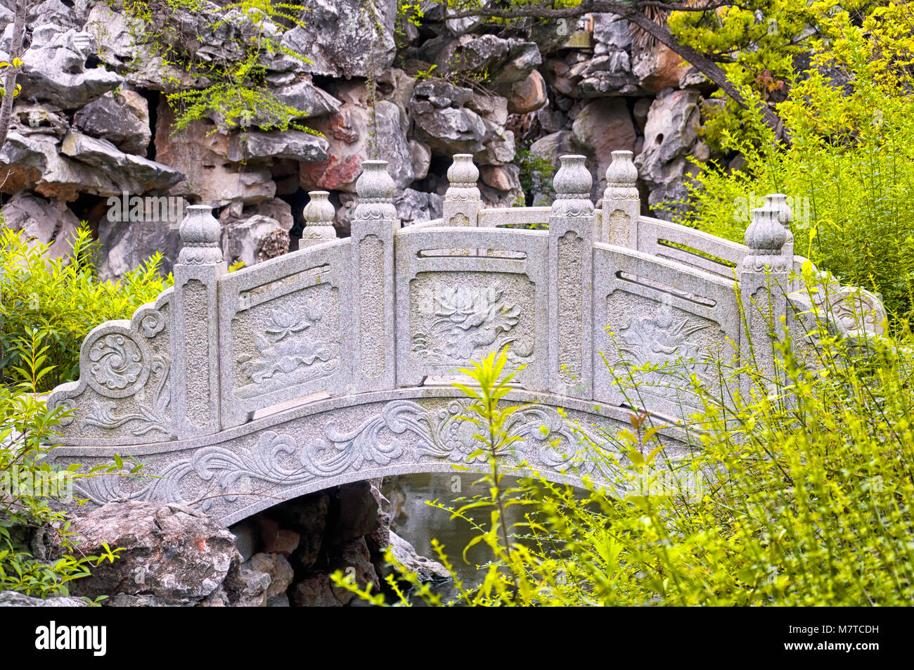 A arched stone bridge with the classical Chinese li yuan garden in ...
