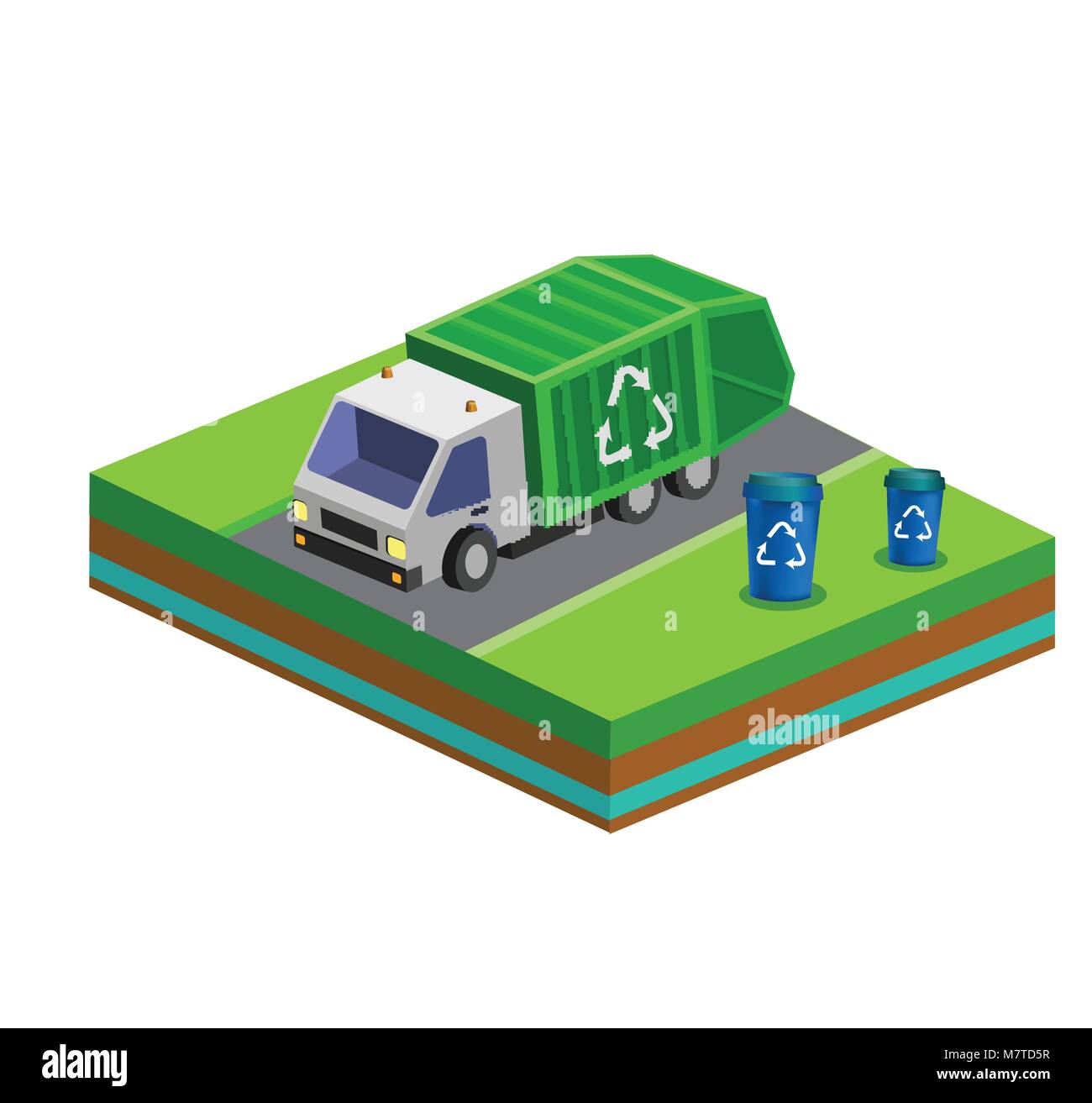 Garbage Removal with Isometric bins and City Truck. Vector illustration ...