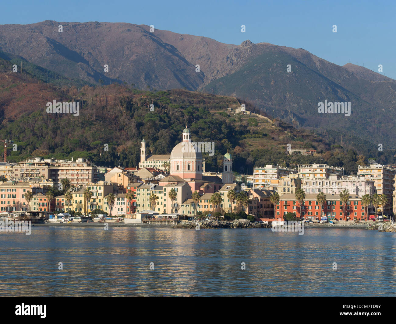 Pegli, neighbourhood of Genoa, viewed from the sea, colorful narrow ...