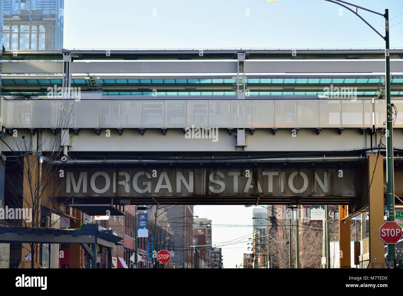Chicago, Illinois, USA. A rapid transit stop name painted on a girder ...