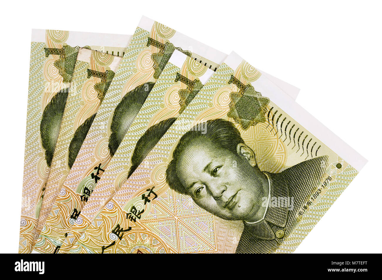 Selection of Chinese One Yuan currency bills isolated on a white ...