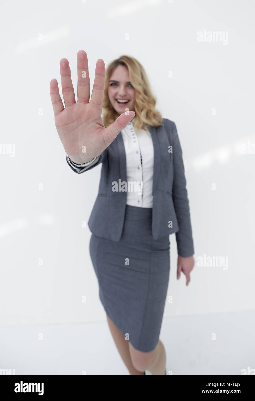 young business woman in gray suit showing five fingers Stock Photo - Alamy