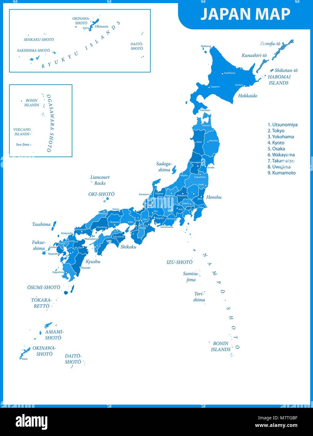 The detailed map of the Japan with regions or states and cities ...