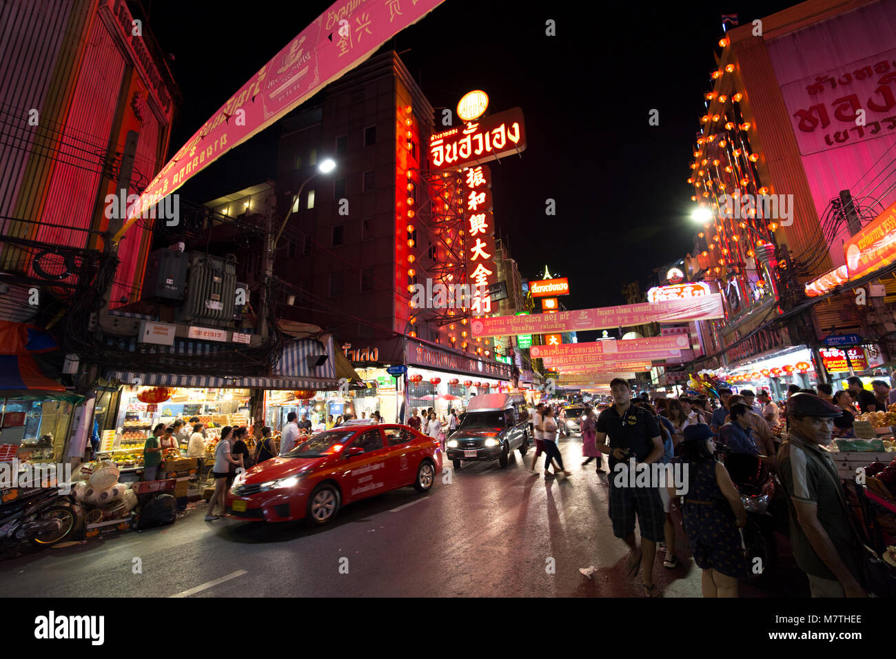 Bangkok - Feb 2016 : Night Time at Yaowarat Chinatown of Thailand A Cars and people on Yaowarat ...