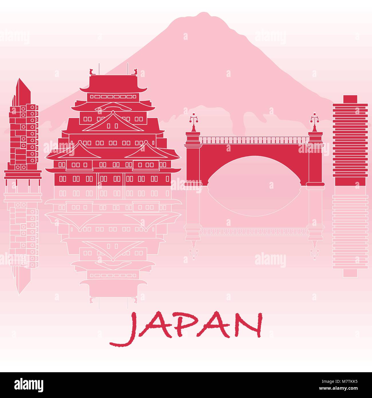 Japanese architecture. Building, suspension bridge and castle. Backdrop ...