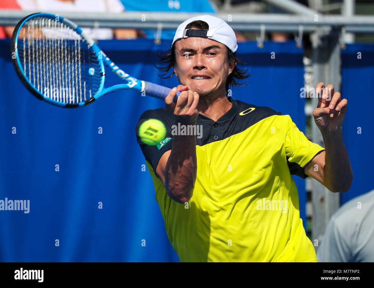 February 20, 2018: Taro Daniel, from Japan, hits a forehand against ...