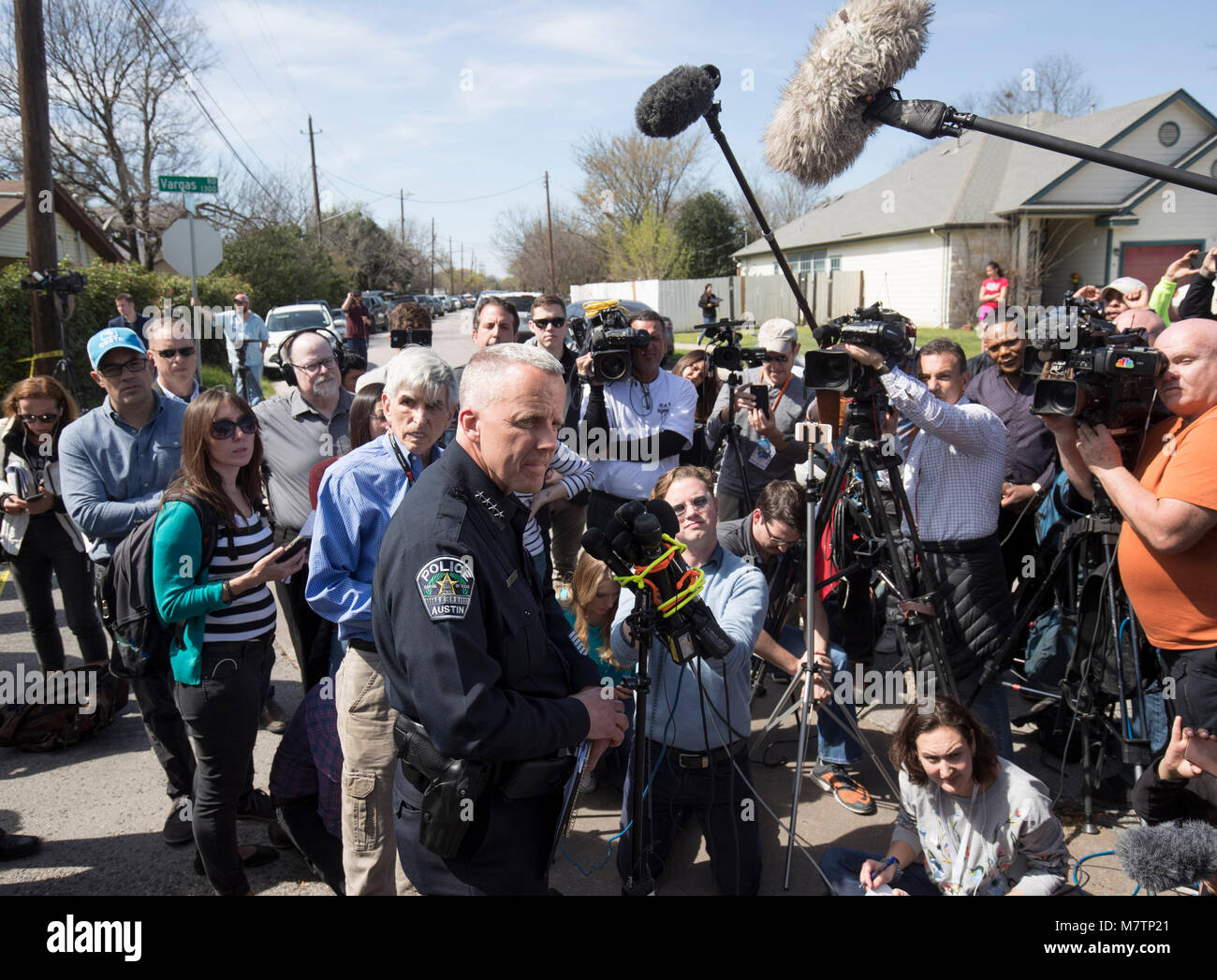 Austin interim police chief Brian Manley speaks to the media in an east ...