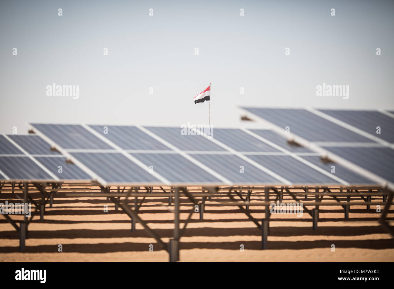 The Egyptian flag flies over solar panels during the inauguration ...