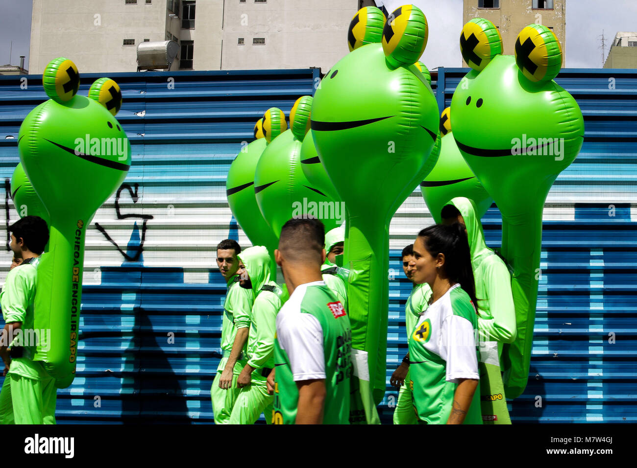 Sao Paulo, Brazil. March 13, 2018. hundreds of people dressed as frogs ...