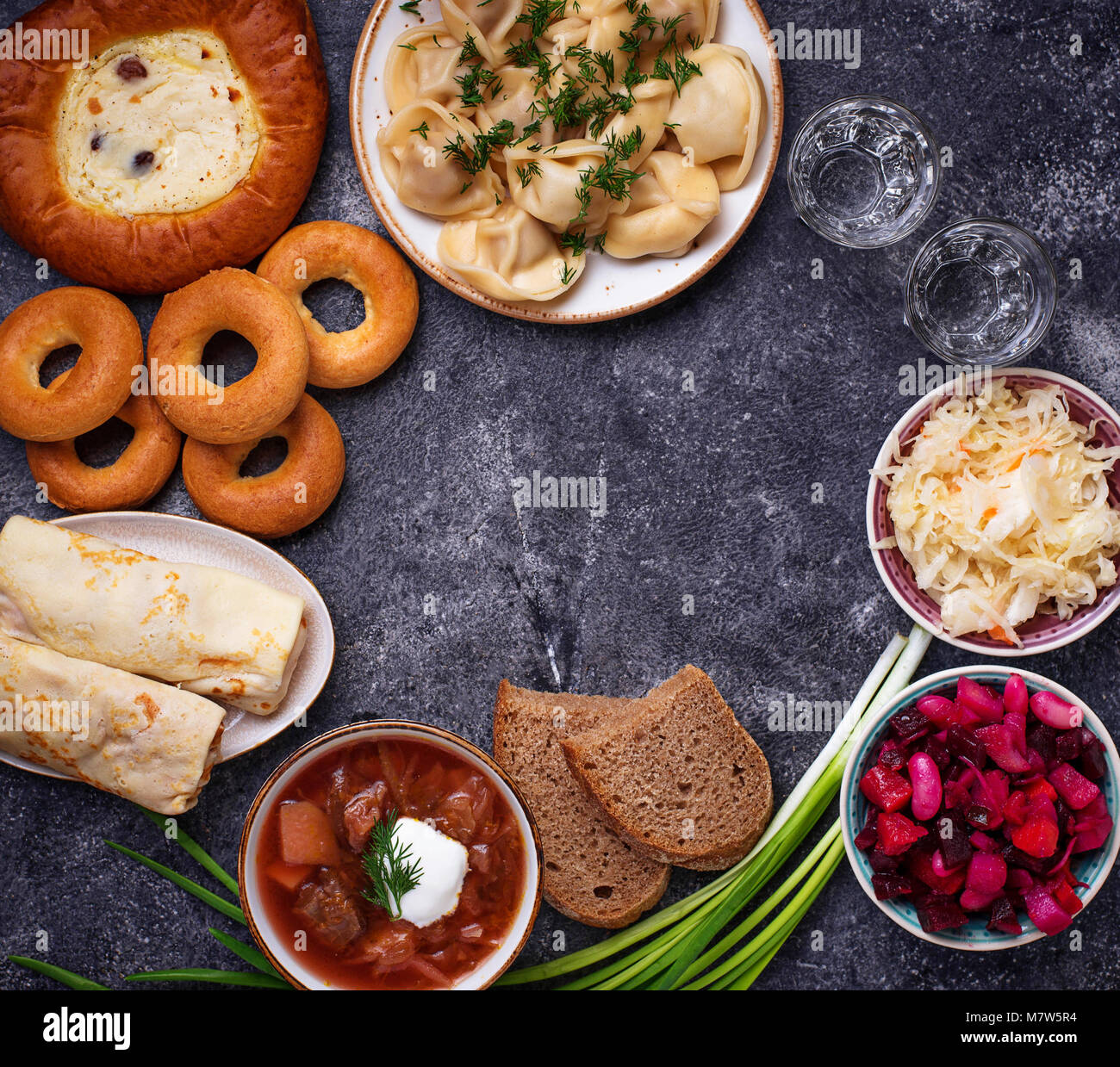Traditional Russian dishes, sweets and vodka Stock Photo - Alamy